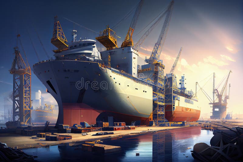 Modern Shipyard, with Advanced Cranes and Equipment Visible, Building ...