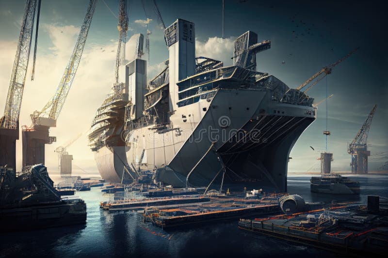 Modern Shipyard with Complex of Cranes and Massive Vessels Being Built ...