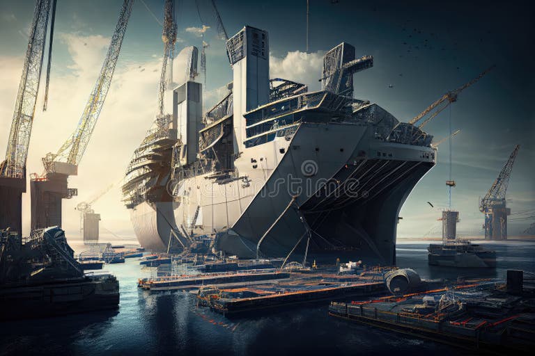 Modern Shipyard with Complex of Cranes and Massive Vessels Being Built ...
