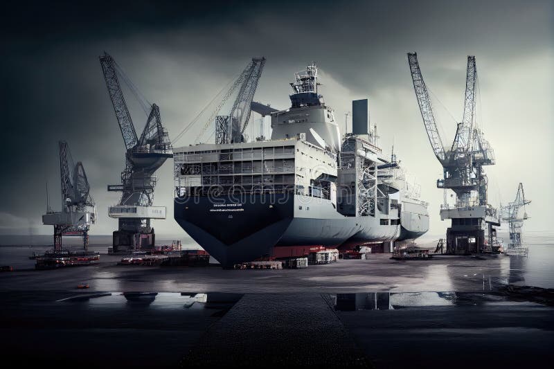 Modern Shipyard with Complex of Cranes and Massive Vessels Being Built ...