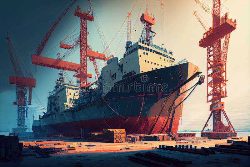 Modern Shipyard with Complex of Cranes and Massive Vessels Being Built ...