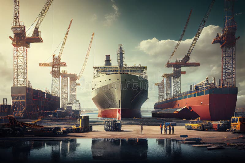 Modern Shipyard, with Cranes and Massive Vessels in Various Stages of ...