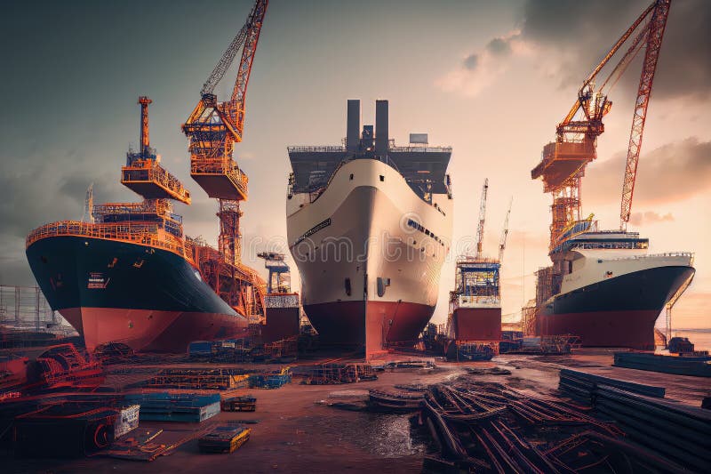 Modern Shipyard, with Cranes and Massive Vessels in Various Stages of ...