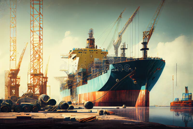 Modern Shipyard, with Cranes and Vessels Under Construction Stock ...