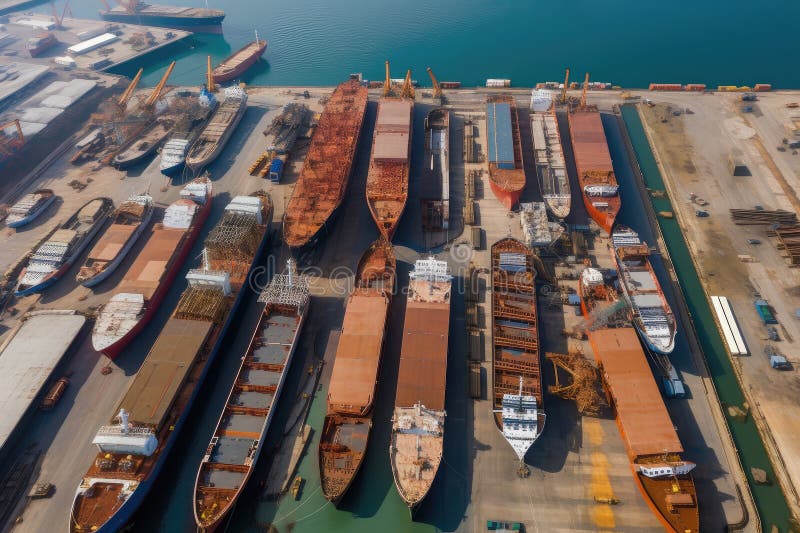 Modern Shipyard with Dozens of Ships Under Construction, Viewed from ...