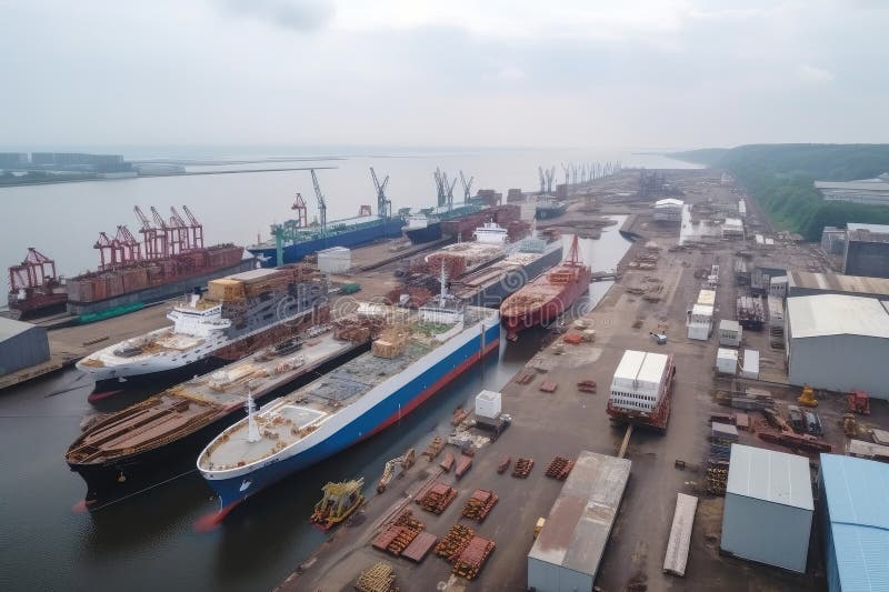 Modern Shipyard with Dozens of Ships Under Construction, Viewed from ...