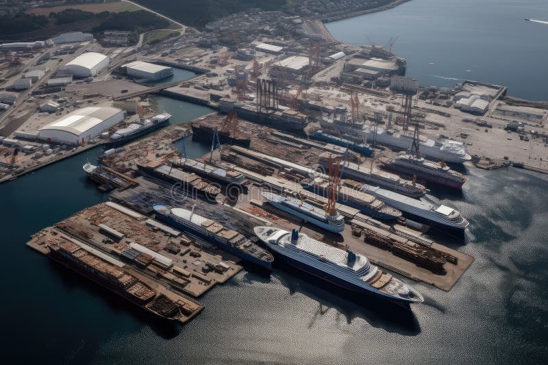 Modern Shipyard with Dozens of Ships Under Construction, Viewed from ...