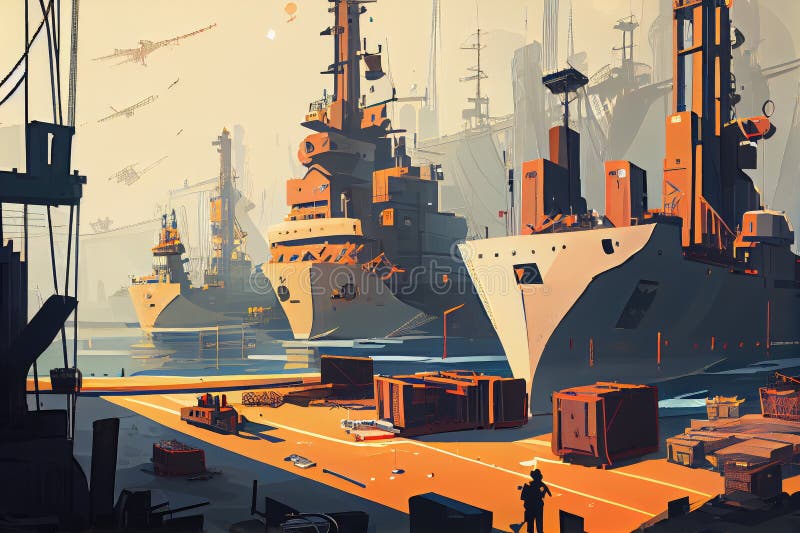 Modern Shipyard, with Rows of Ships and Supplies Under Construction ...