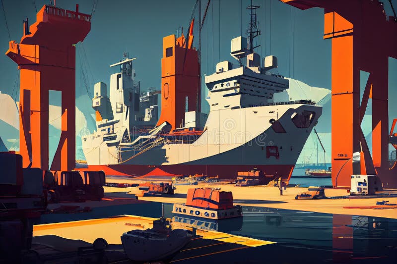 Modern Shipyard, with Ships Under Construction and Advanced Machinery ...