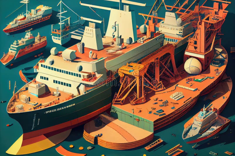 Modern Shipyard, with Various Designs and Models of Ships Being Built ...