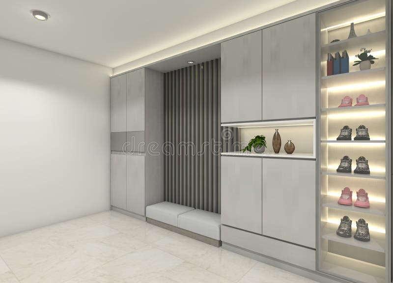 Modern Shoe Display and Storage with White Furnish and Lighting ...