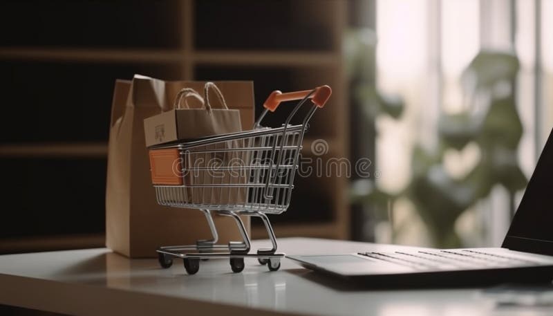 Modern Shopping Cart with Laptop for E Commerce Generated by AI Stock ...