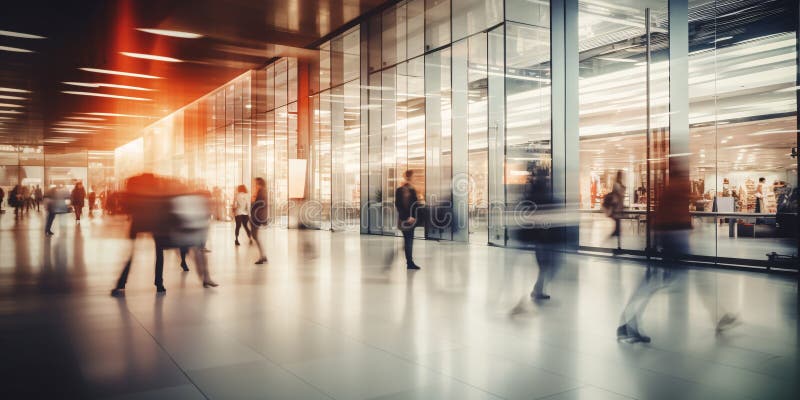 A Modern Shopping Center with Fast Moving People with a Blurred ...