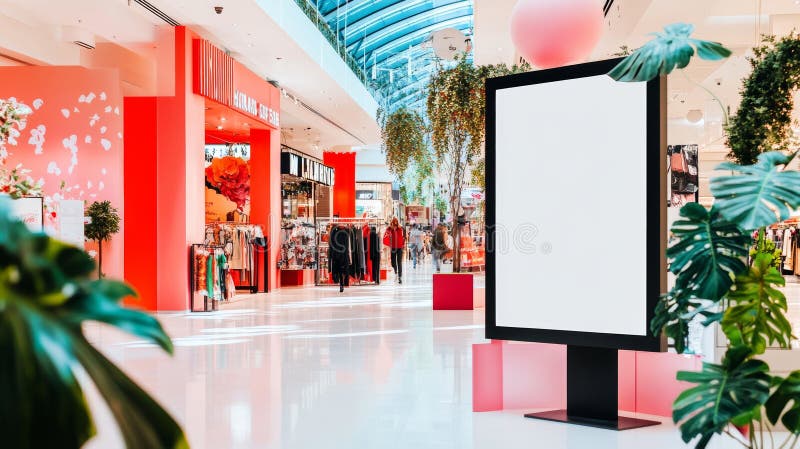 Modern Shopping Mall with Bright Interior and Blank Billboard Display ...