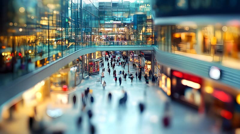 Modern Shopping Mall with Busy Crowd in Tilt-Shift Effect Stock ...