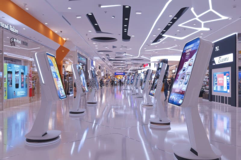 Modern Shopping Mall Featuring Digital Kiosks and Sleek Architecture in ...