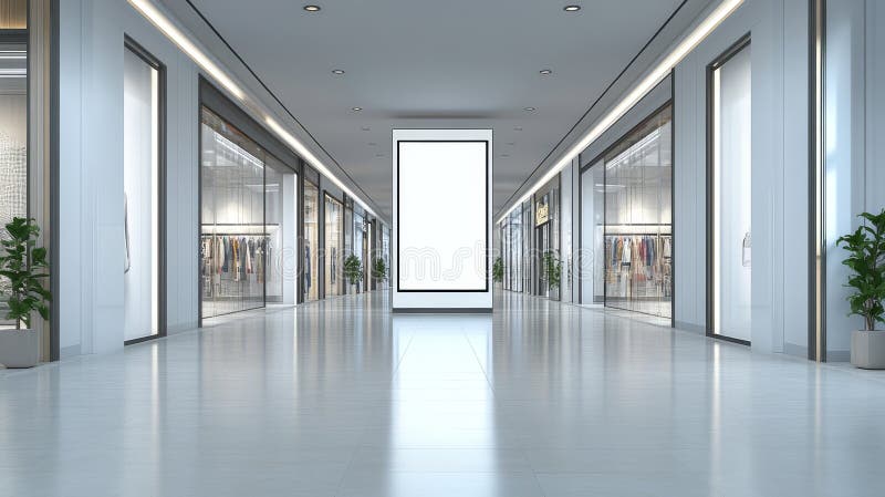 Modern Shopping Mall Interior with Blank Vertical Advertising Billboard Mockup, Empty Poster ...