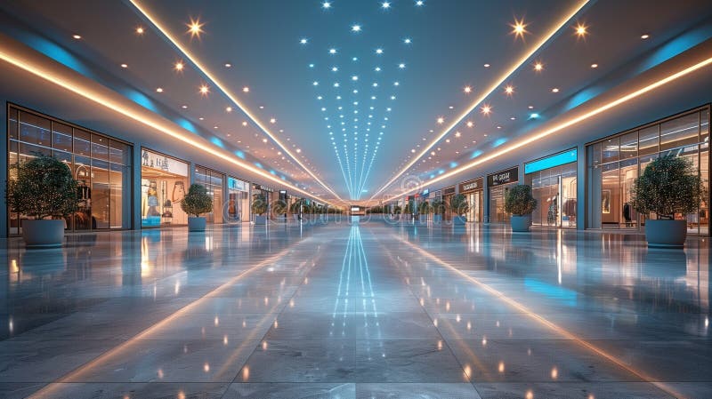 Modern Shopping Mall Interior with Bright Lighting and Shops Stock ...