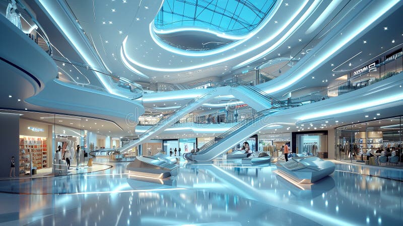 Modern Shopping Mall Interior with Escalators and Bright Skylight ...