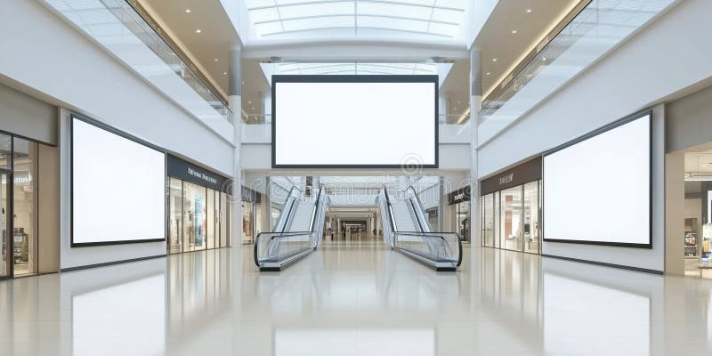 Modern Shopping Mall Interior with Escalators and Large Blank ...