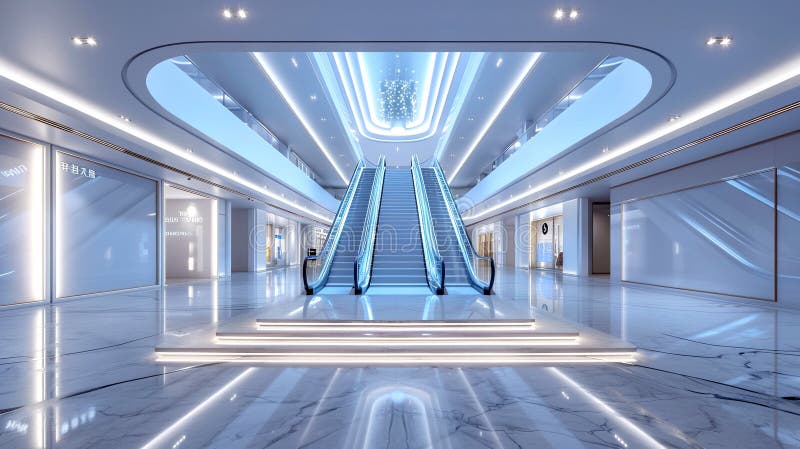 Modern Shopping Mall Interior Featuring Escalators and Bright Lighting ...
