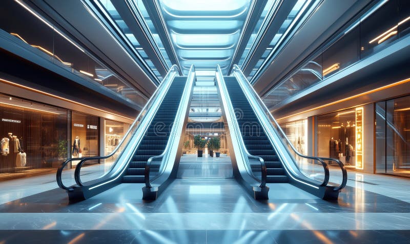 Modern Shopping Mall Interior Featuring Escalators and Stylish ...