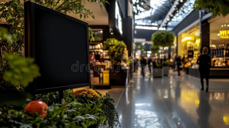 Modern Shopping Mall Interior with Greenery and Digital Display Stock ...