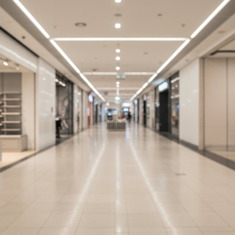 A Modern Shopping Mall Interior with a Long, Tiled Corridor Lined with Various Stock ...