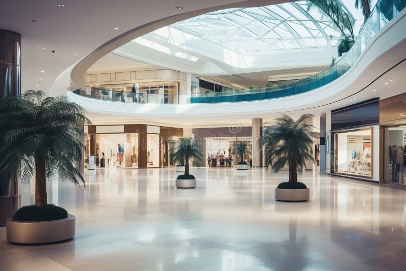 Modern Shopping Mall Interior with Spacious Atrium and Palm Trees ...