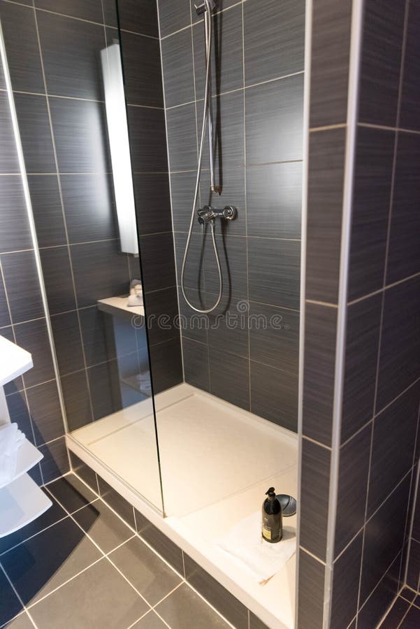Modern shower cabin stock image. Image of indoors, floor - 116036161