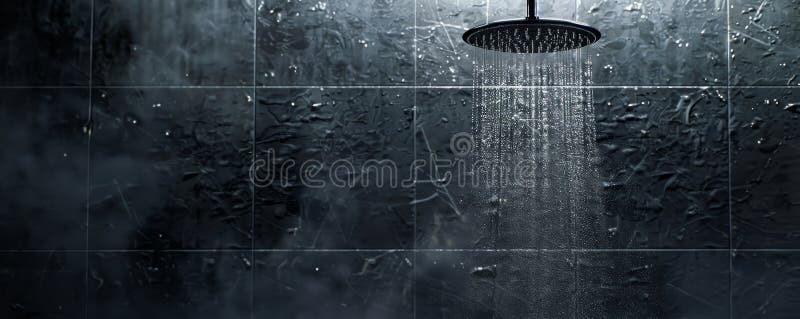 Modern Shower Head with Running Water in a Dark Tiled Bathroom ...
