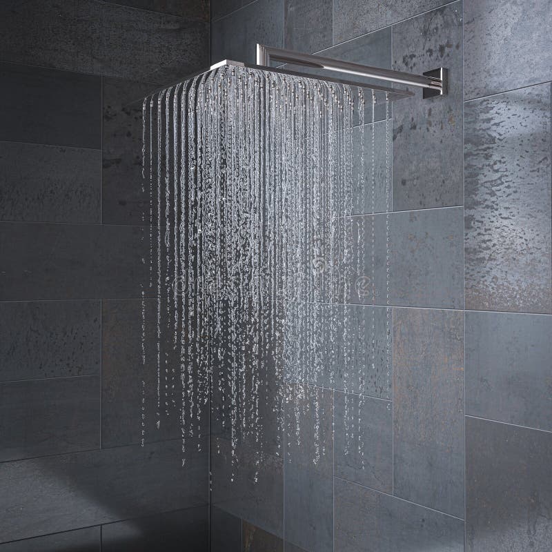 Modern Shower Head Spraying Water on Grey Tiles Stock Illustration ...