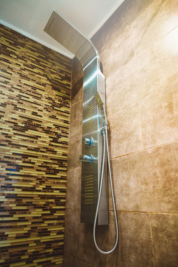 Shower Panel in Tiled Bathroom Stock Photo - Image of architecture ...