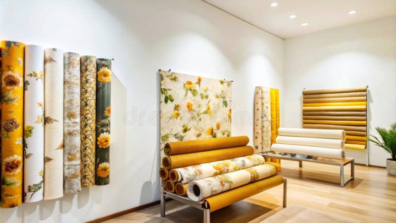 Vibrant Wallpaper Rolls Display in Modern Showroom for Interior Design ...