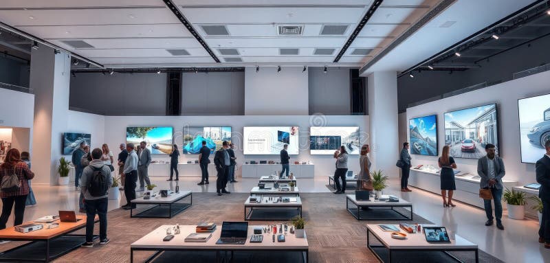 Modern Showroom Hosts Visitors. Interactive Displays Exhibit Innovative ...