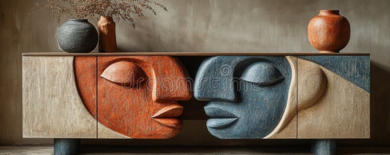 Modern Sideboard with Abstract Face Design and Clay Pots Stock Image ...