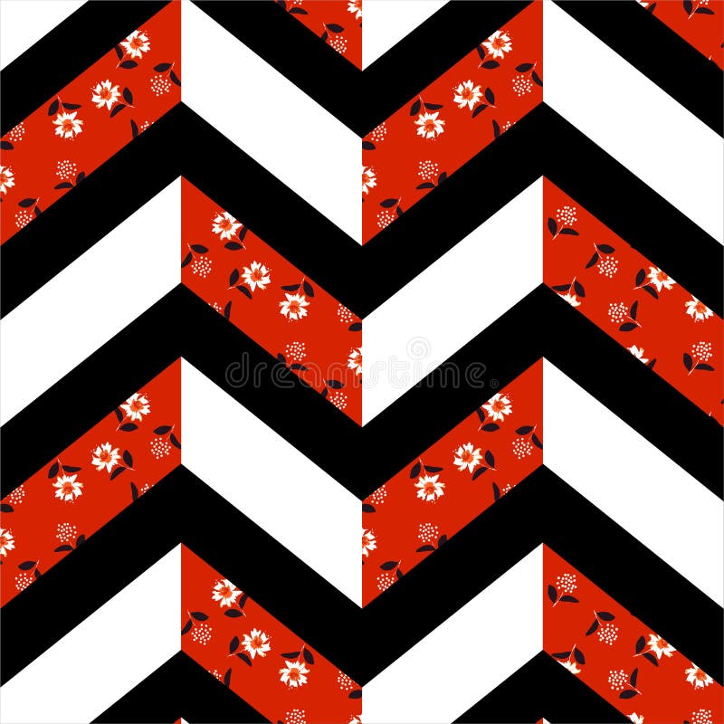 Modern of Silhouette Floral Patchwork with Zigzag Heringbone of Geometric Red,black and White ...