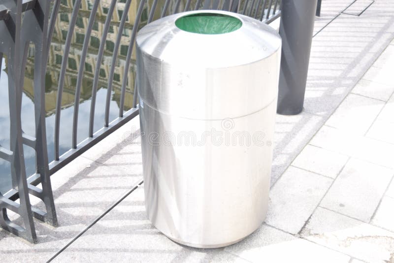 Modern Silver Bin on the Pavement of London Stock Photo - Image of ...