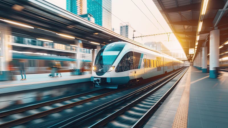 A Modern, Silver and Blue Train Speeds through a Station Platform on a ...