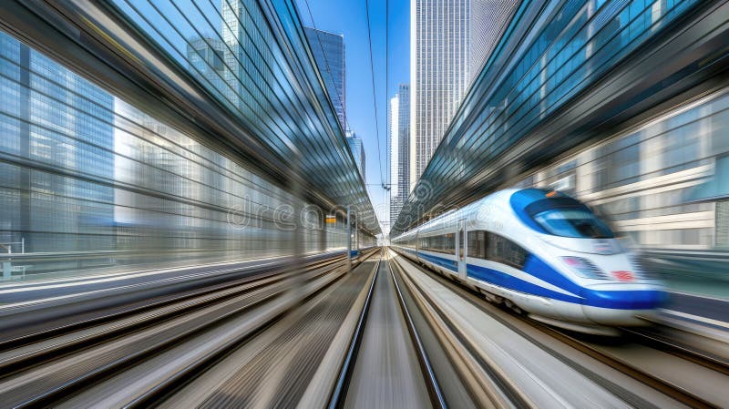 A Modern, Silver and Blue Train Speeds through a Station Platform on a ...