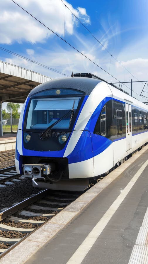 A Modern, Silver and Blue Train Speeds through a Station Platform on a ...