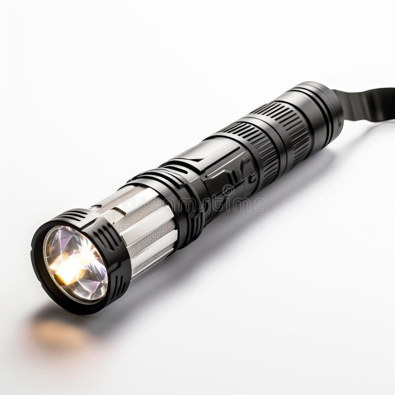 Modern Silver Flashlight with Black Rubber Grip Design Stock ...
