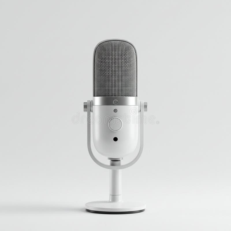 A Modern, Silver Microphone Stands Upright Against a Plain White ...