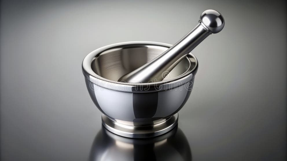 Modern Silver Mortar and Pestle Illustration on Reflective Surface 3D ...