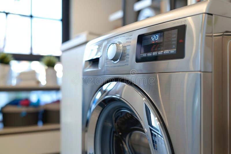 Modern Silver Washing Machine Digital Display Laundry Room Stock Photos ...