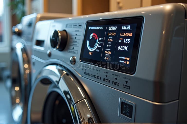 Modern Silver Washing Machine with Digital Display in Laundry Room ...