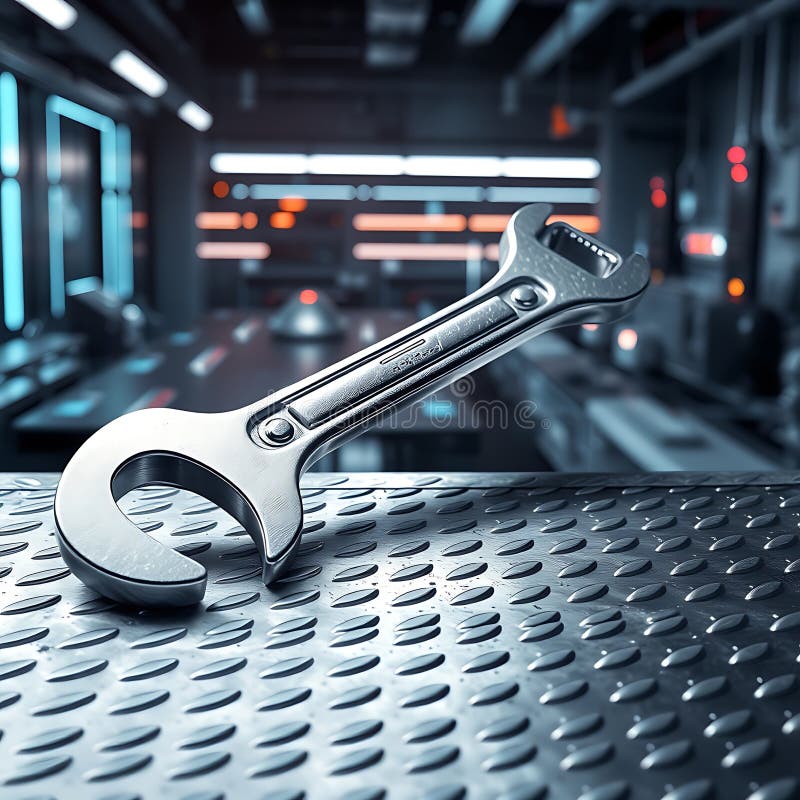 A Modern Silver Wrench Placed on an Industrial Textured Steel Surface ...