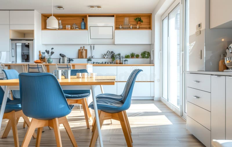 Simple and Clean Kitchen Interior with Wooden Dining Table and Blue ...