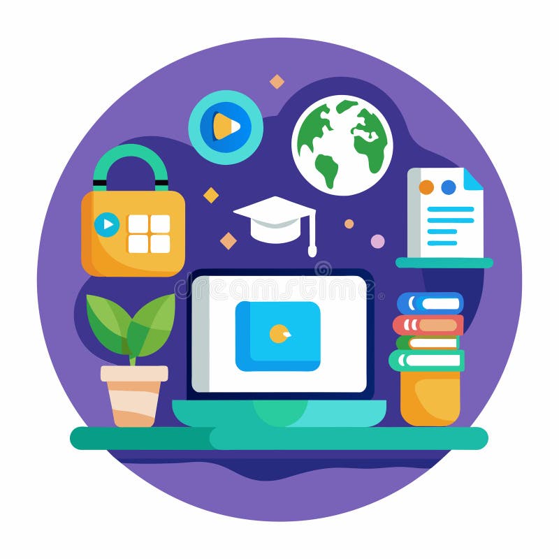A Modern and Simple Icon Depicting a Laptop, Graduation Cap, Globe, and ...