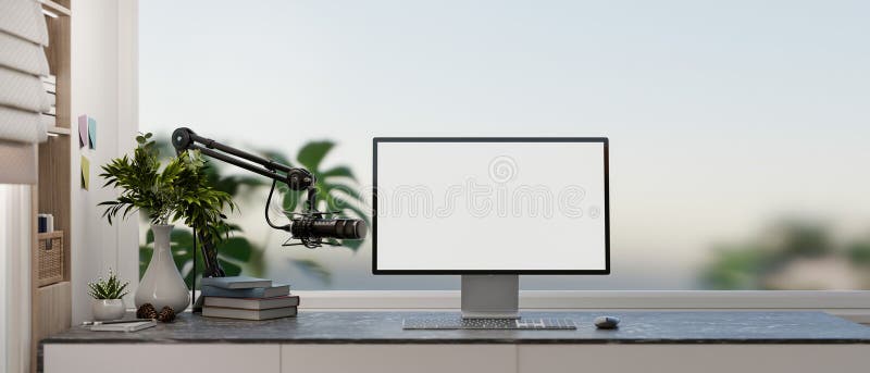 A Modern, Simple Office Workspace Featuring a Computer with a White ...